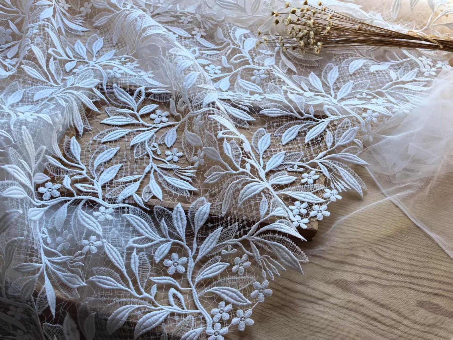 Off White Leaf Lace Fabric Applique Embroidered Hollow Out Wedding ...