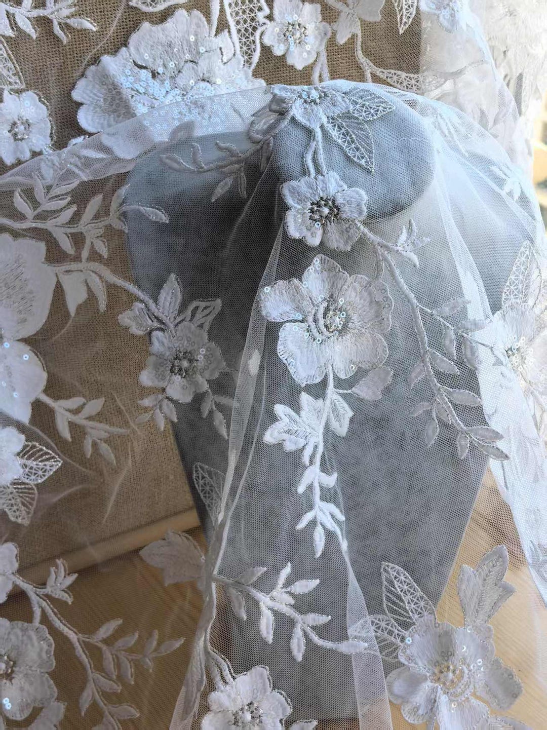 Ivory Floral Lace Fabric, Sequined Blossom Embroidery, Wedding Gown ...