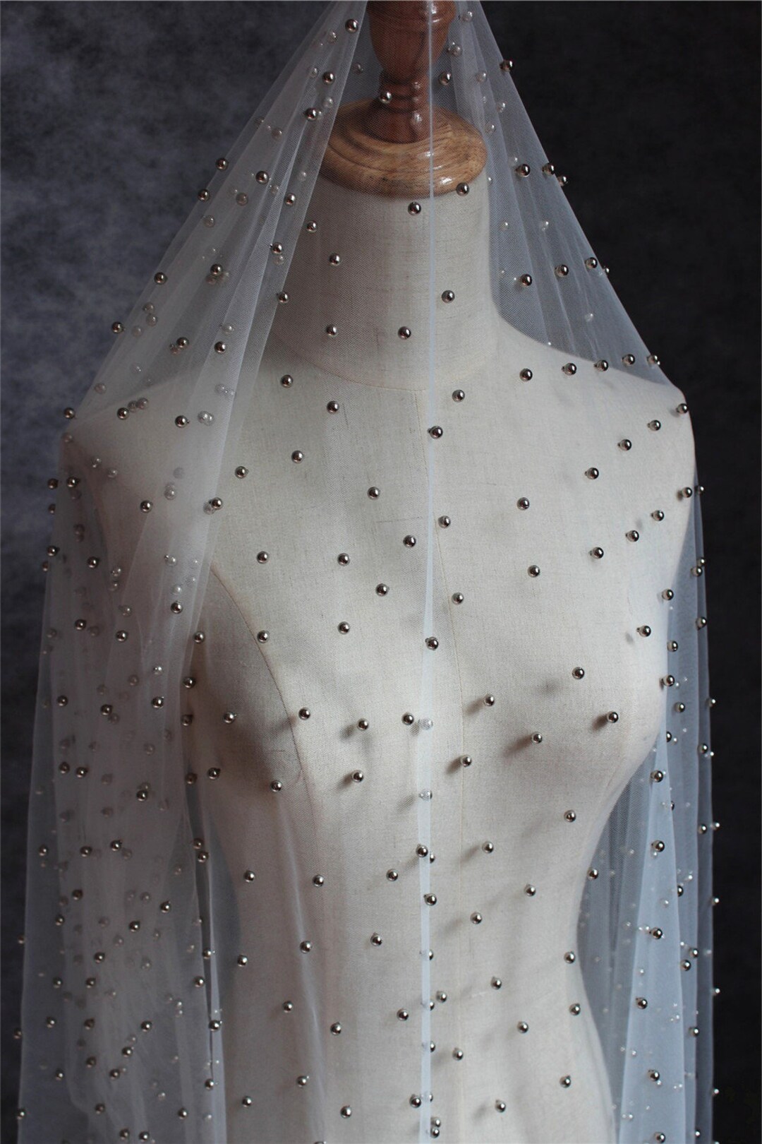 Ivory Tulle Lace Fabric: Silver Steel Beaded Bridal Veil, 59