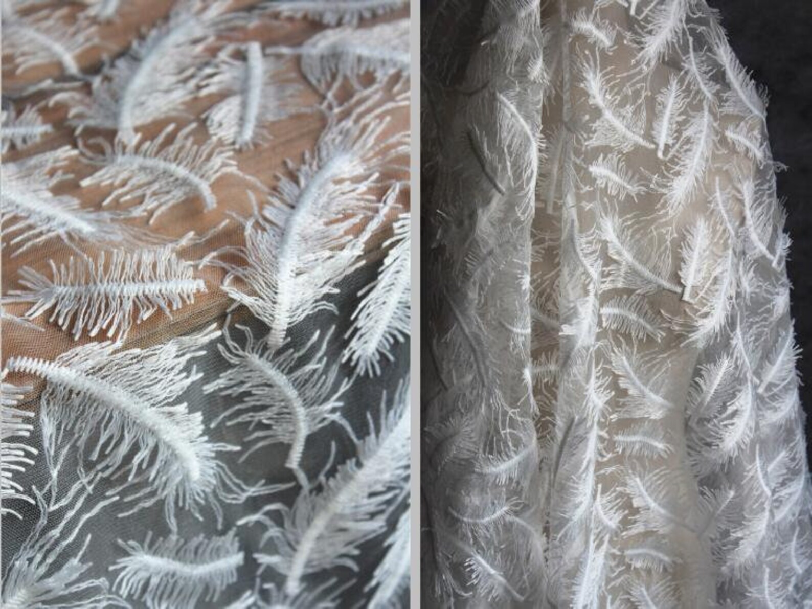 Ivory 3D Feather Lace Fabric With Sequins Embroidery Tulle | Etsy