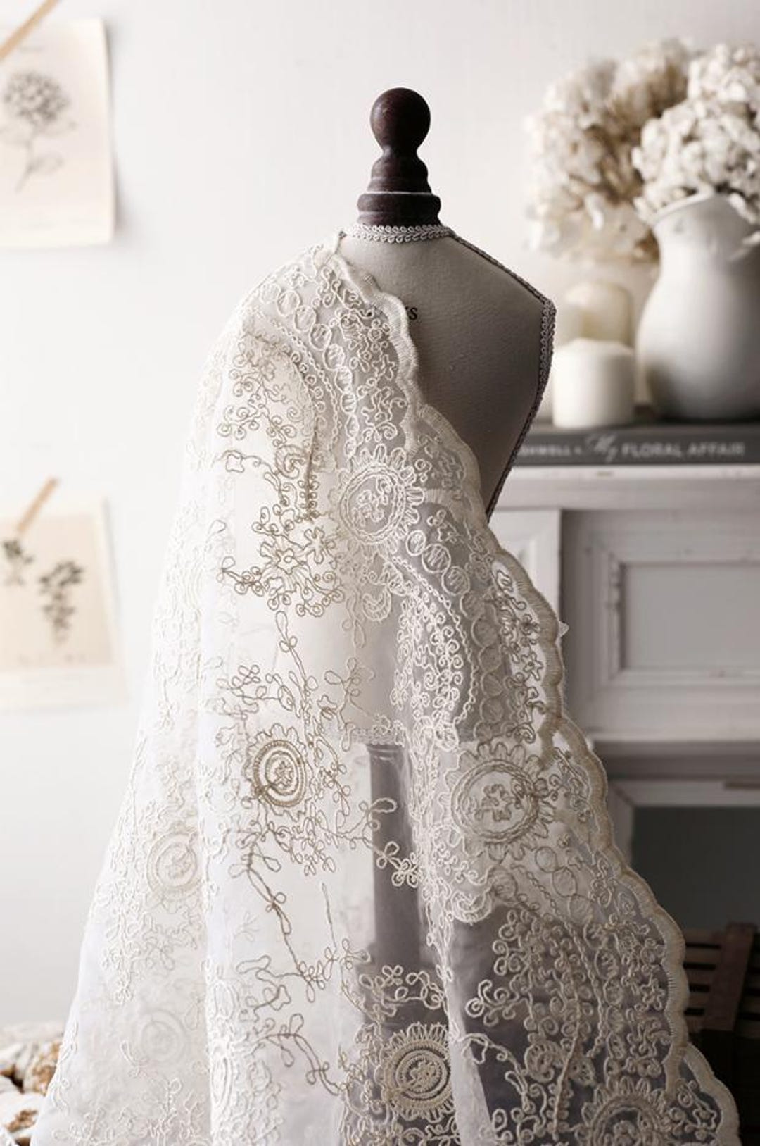 1 Yard off White Vivid Vine Rope Floral Voile Lace Fabric Embroidery ...