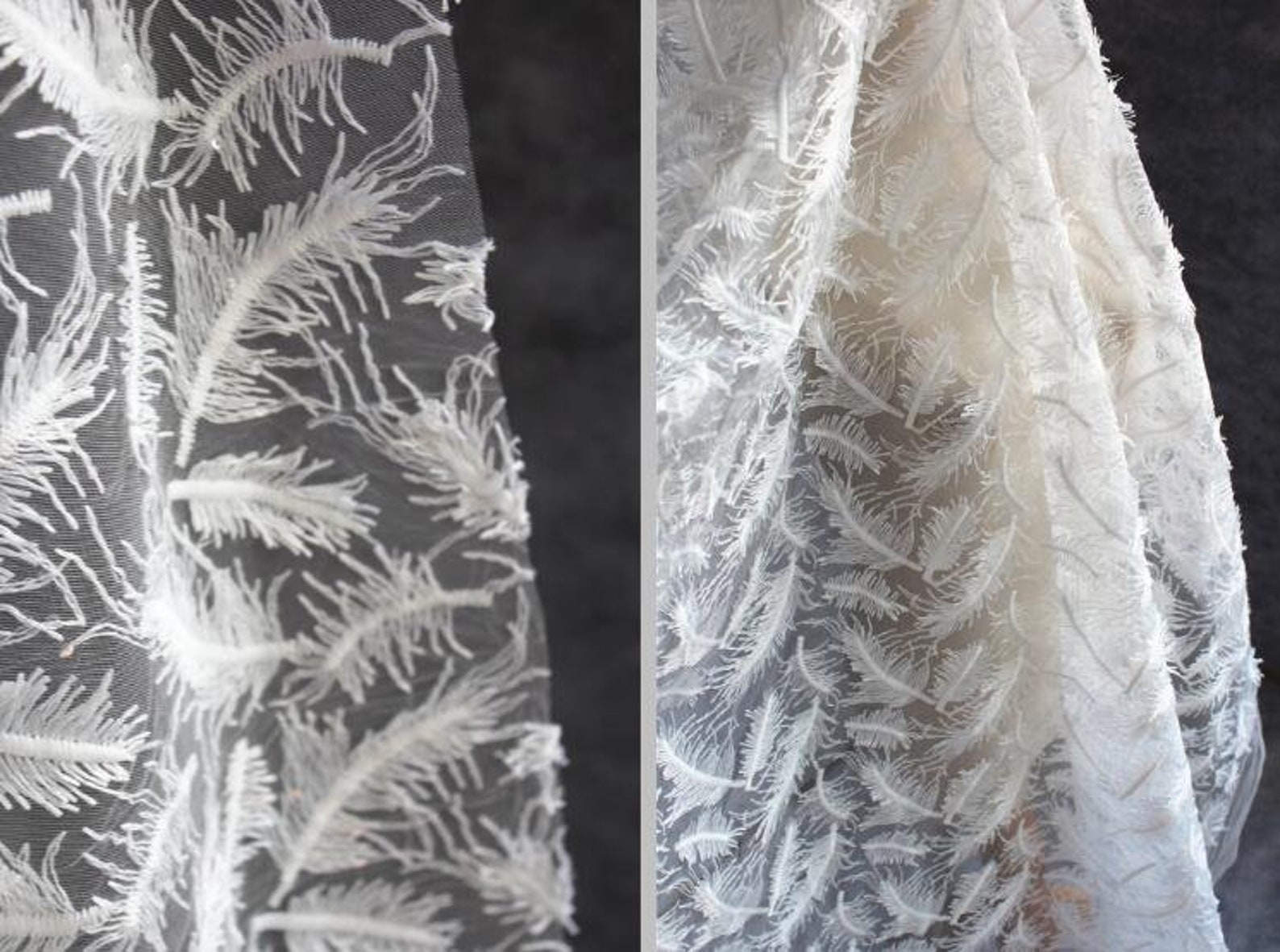 Ivory 3D Feather Lace Fabric With Sequins Embroidery Tulle | Etsy