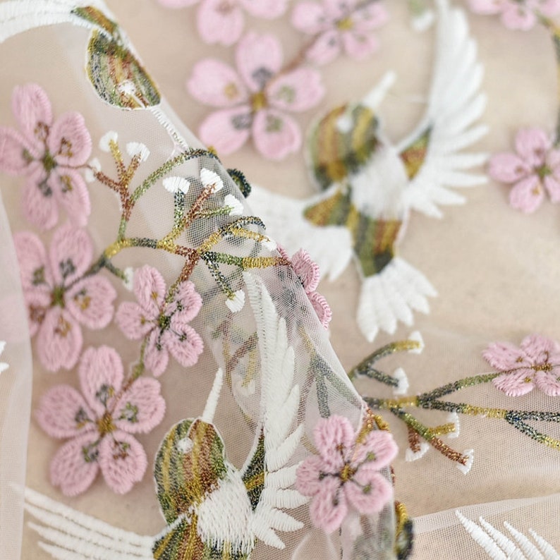 Colorful Bird Floral Lace Fabric Embroidered Lace Veil Gauze | Etsy