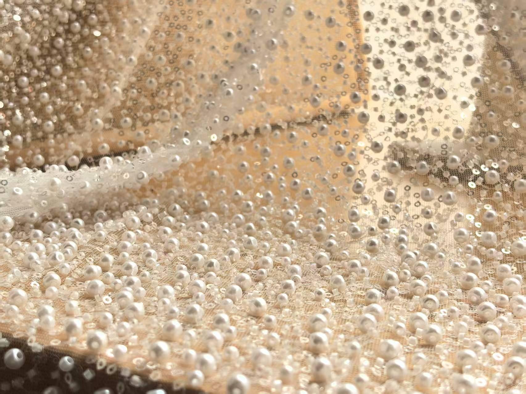 3D Pearl Beaded Lace Fabric, Ivory Embroidered Wedding Veil Material ...