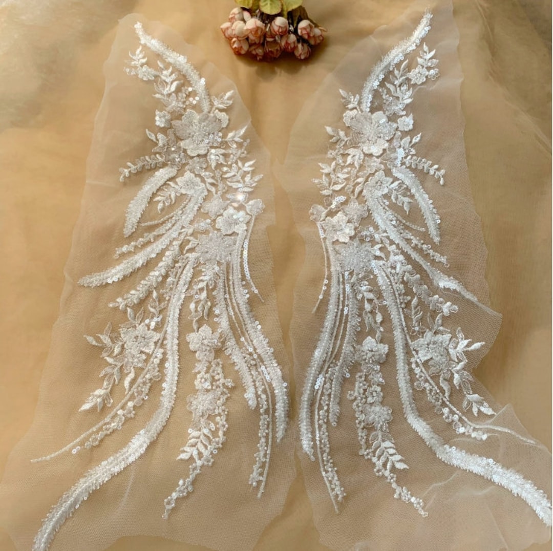 1 Pair Ivory Wing Lace Applique 3D Pearl Beaded Blossom Embroidery ...