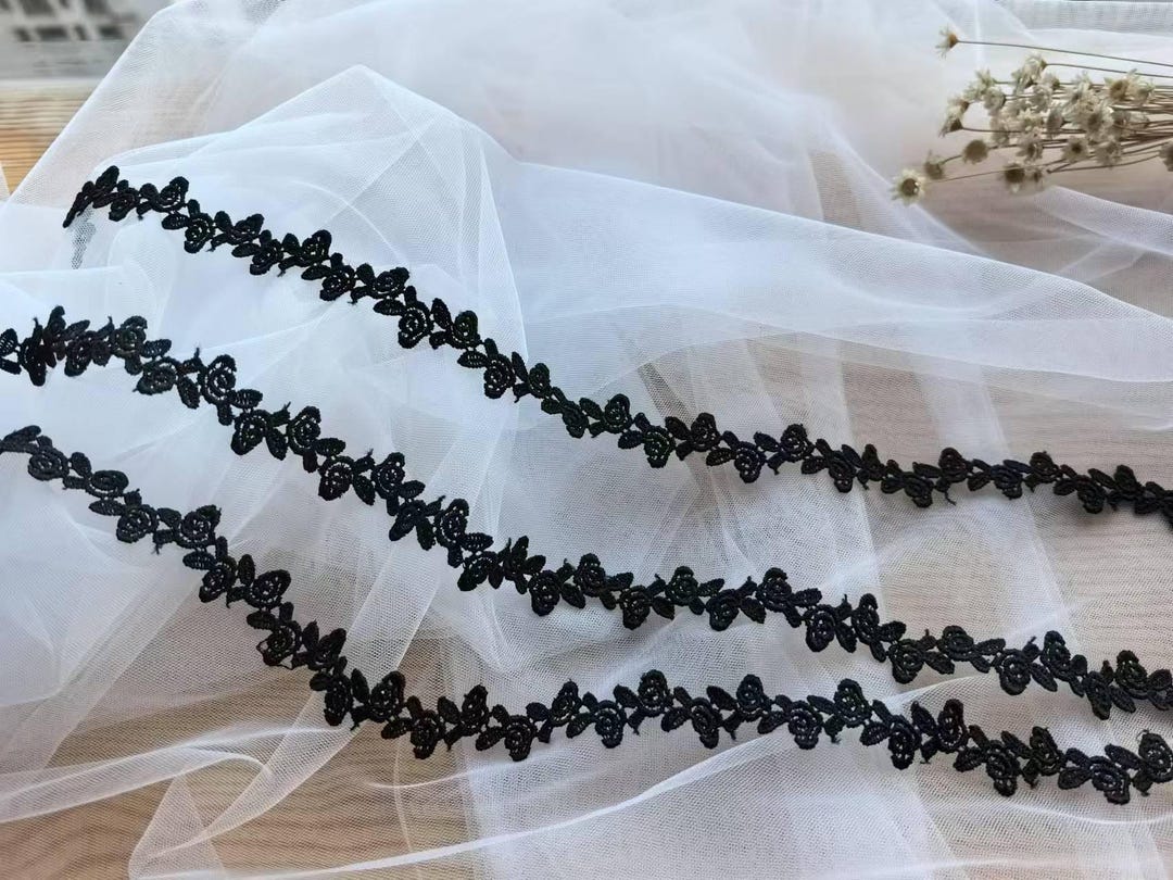 Black Floral Rose Rayon Venice Lace Trim, 1cm Wide L0497 Tulle Gauze ...