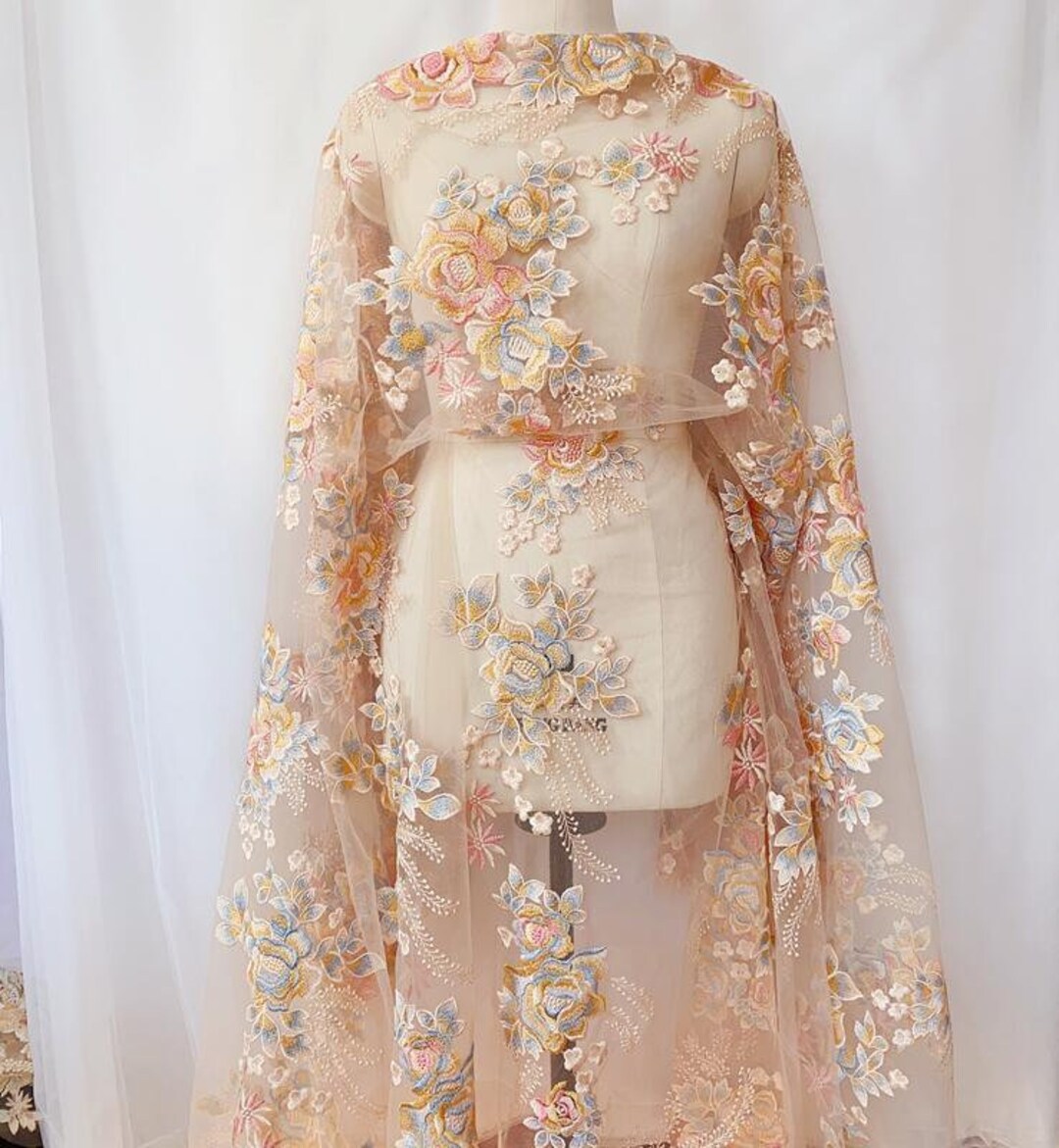Luxury Vivid Floral Lace Fabric Beading Decals Lace Embroidered Tulle ...