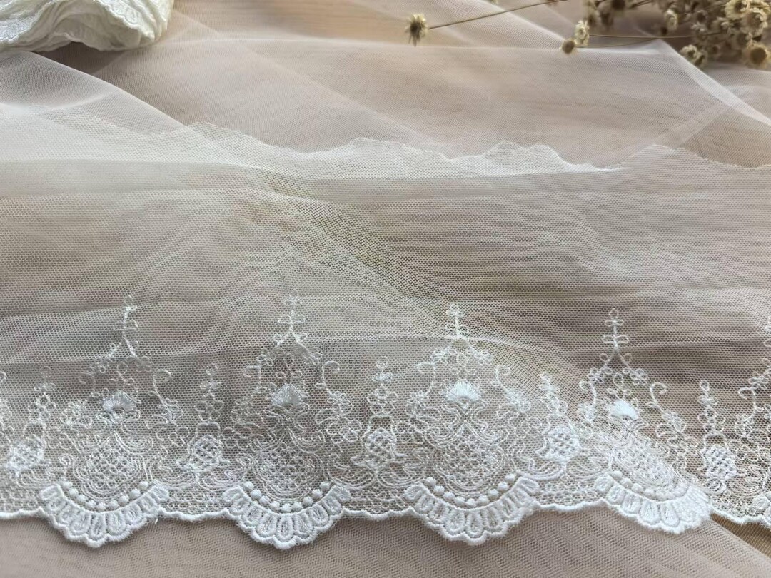 White/gold Thread Lace Trim Embroidered Tulle Lace Trim 7 Inches Wide 2 ...