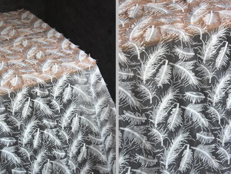 Ivory 3D Feather Lace Fabric With Sequins Embroidery Tulle | Etsy
