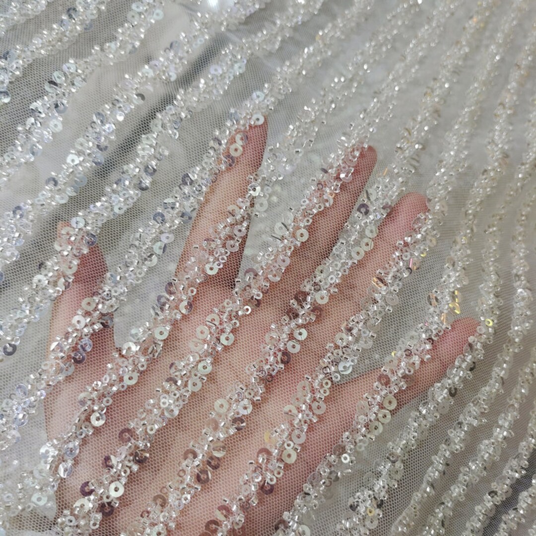 3D Beaded Stripe Fabric With Sequins Lace Bridal Fabric Crocheted ...