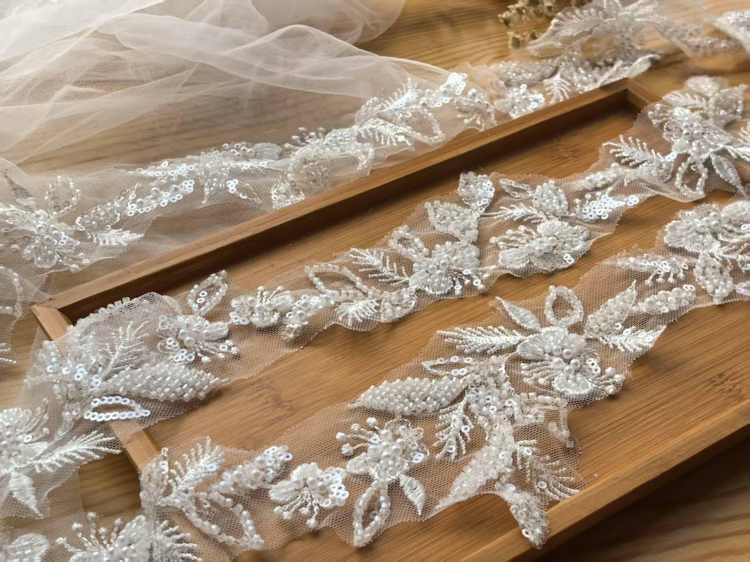 Ivory Beaded Leaf Lace Trim, Bridal Wedding Gown Lace (1 Yard) X0490 ...
