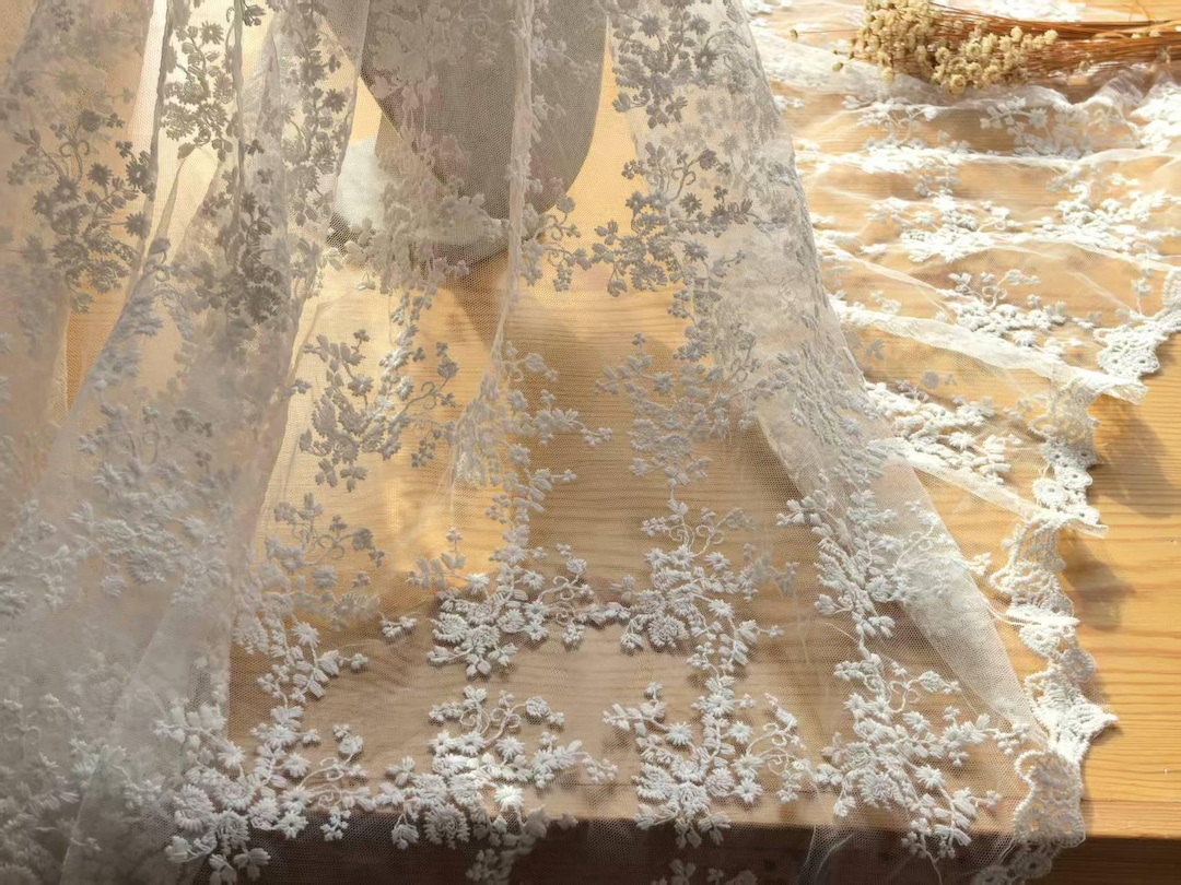 Ivory Floral Lace Fabric, Embroidered Tulle, 51'' Wide, Bridal Veil ...