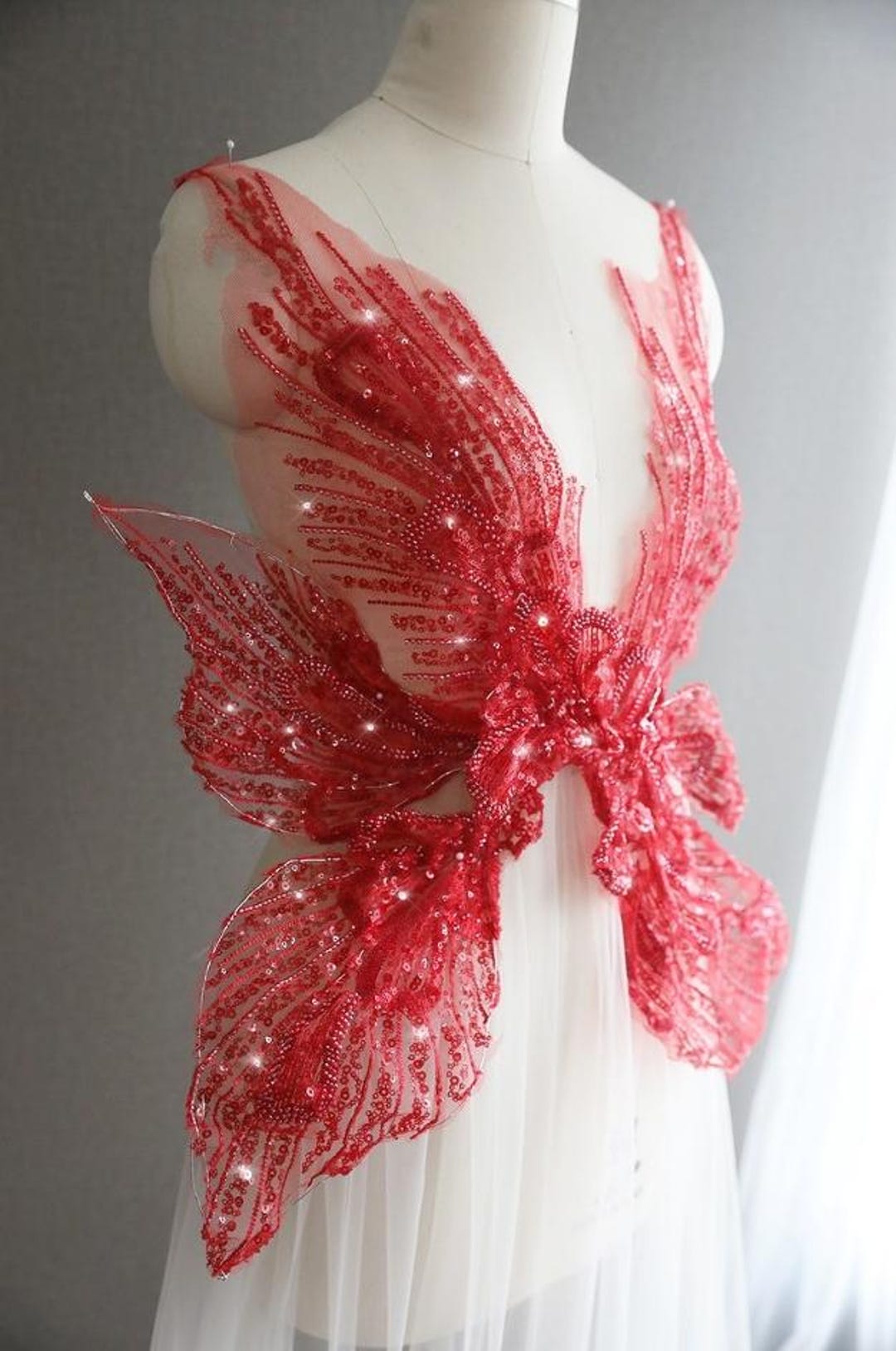 3D Beaded Red Wing Fabric With Sequins Lace Fabric Tulle Fabric Wedding ...