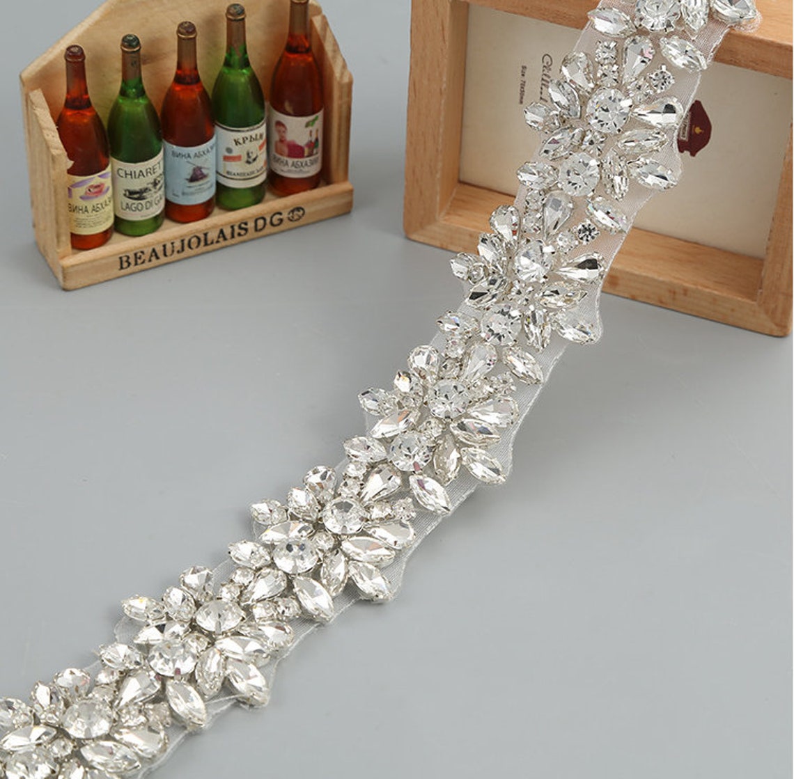 Rhinestone Crystal Beaded Lace Trim Rhinestone Applique Bridal - Etsy