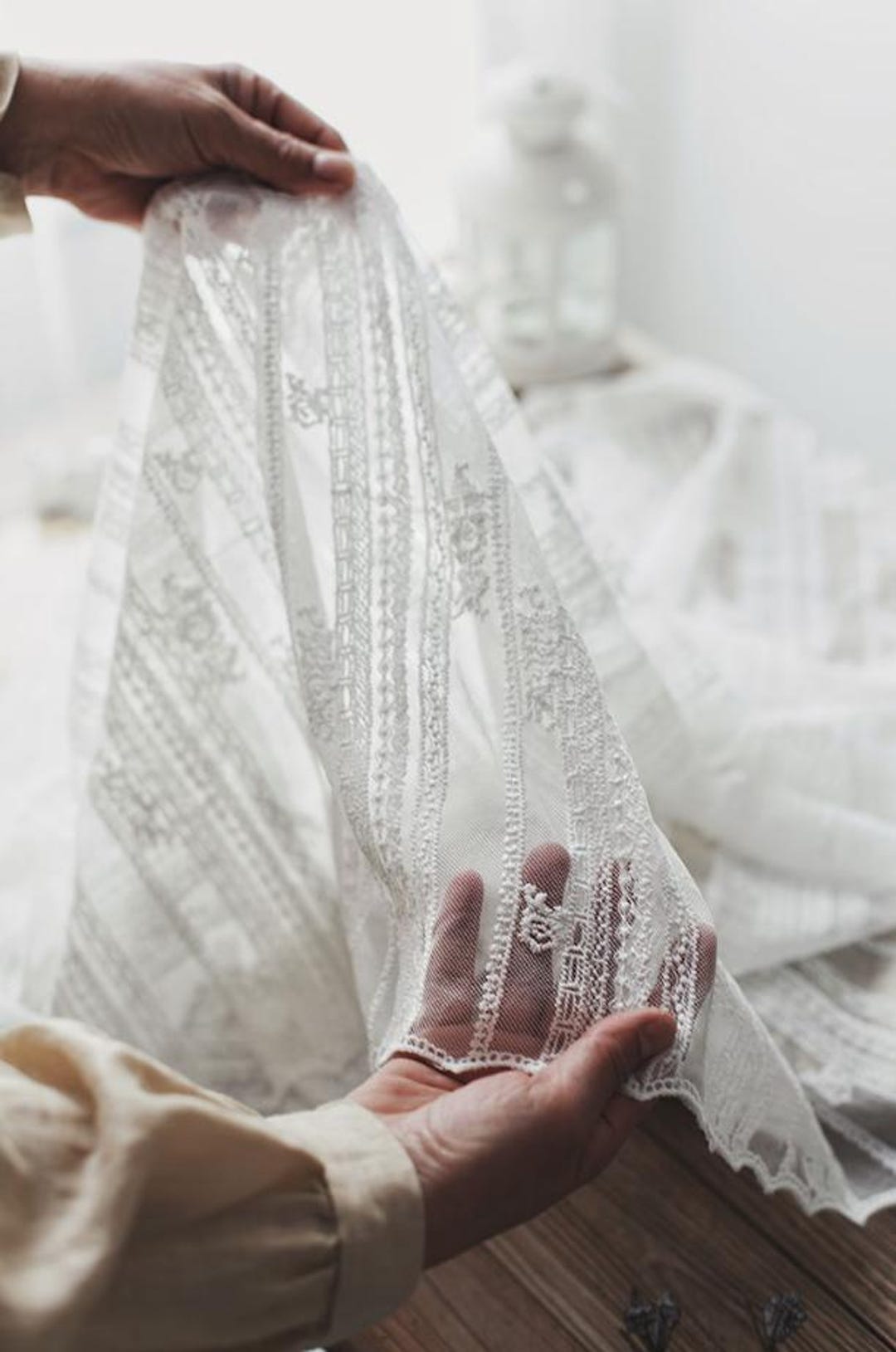 Off White Horizontal Stripes Lace Fabric Embroidery French Lace Fabric ...