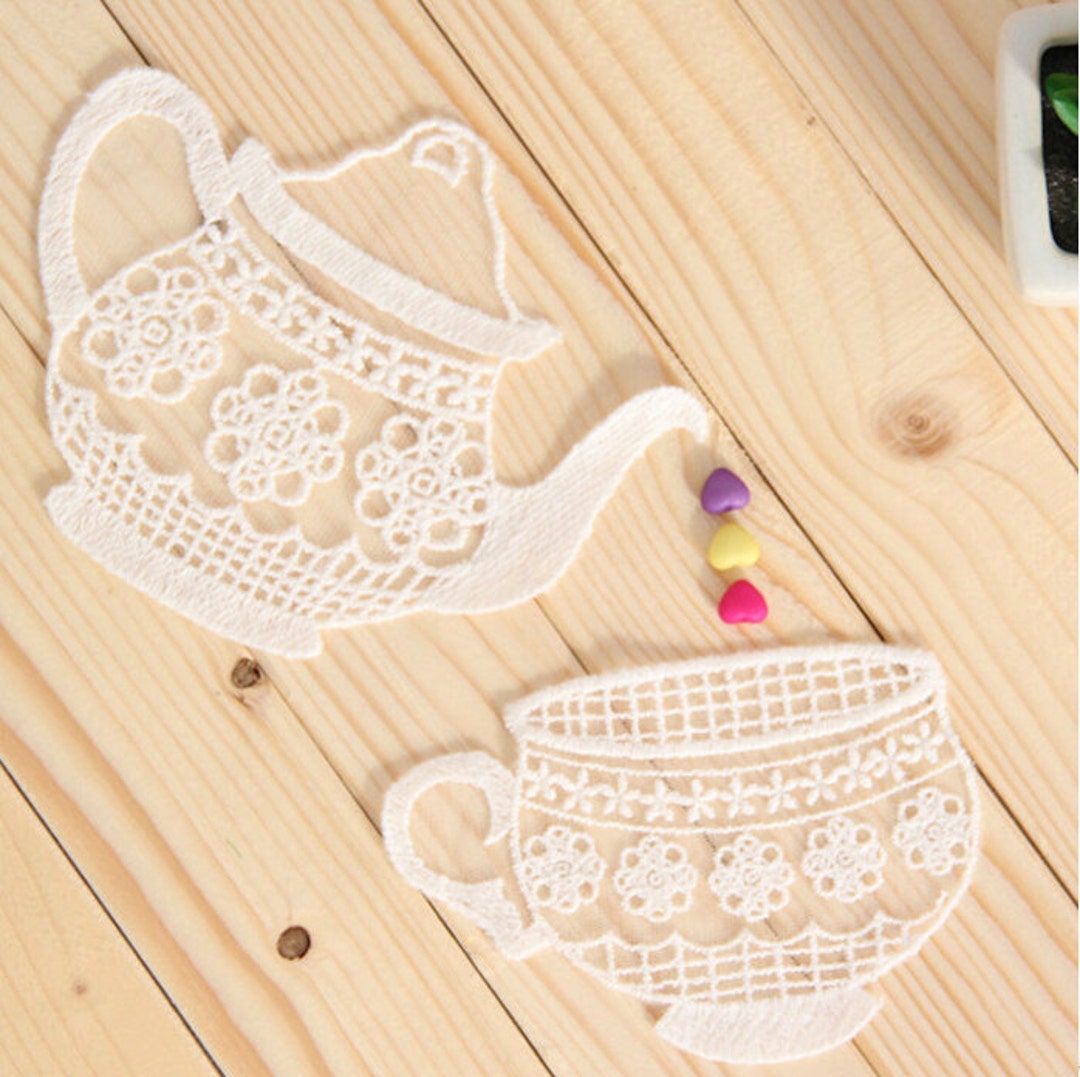 2pcs White Lace Lovely Cup Teapot Lace Appliques Embroidery Patches ...