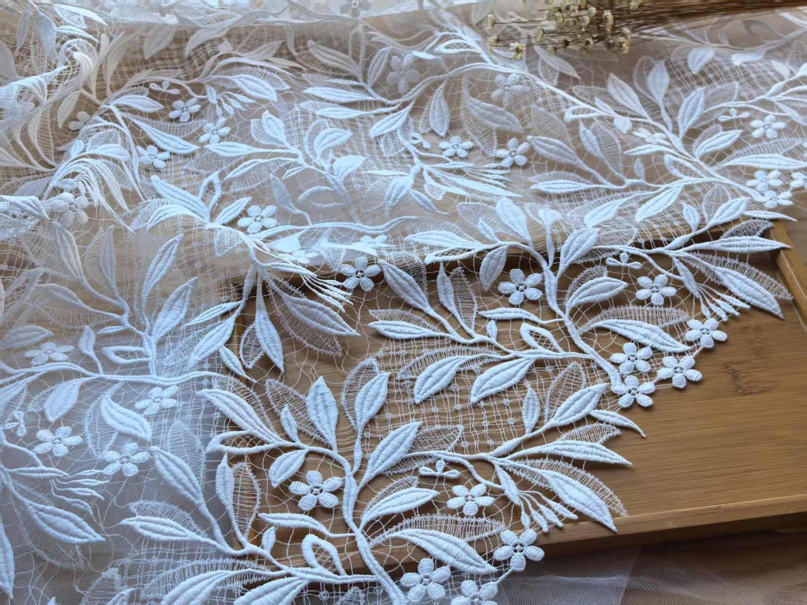 Off White Leaf Lace Fabric Applique Embroidered Hollow Out Wedding ...