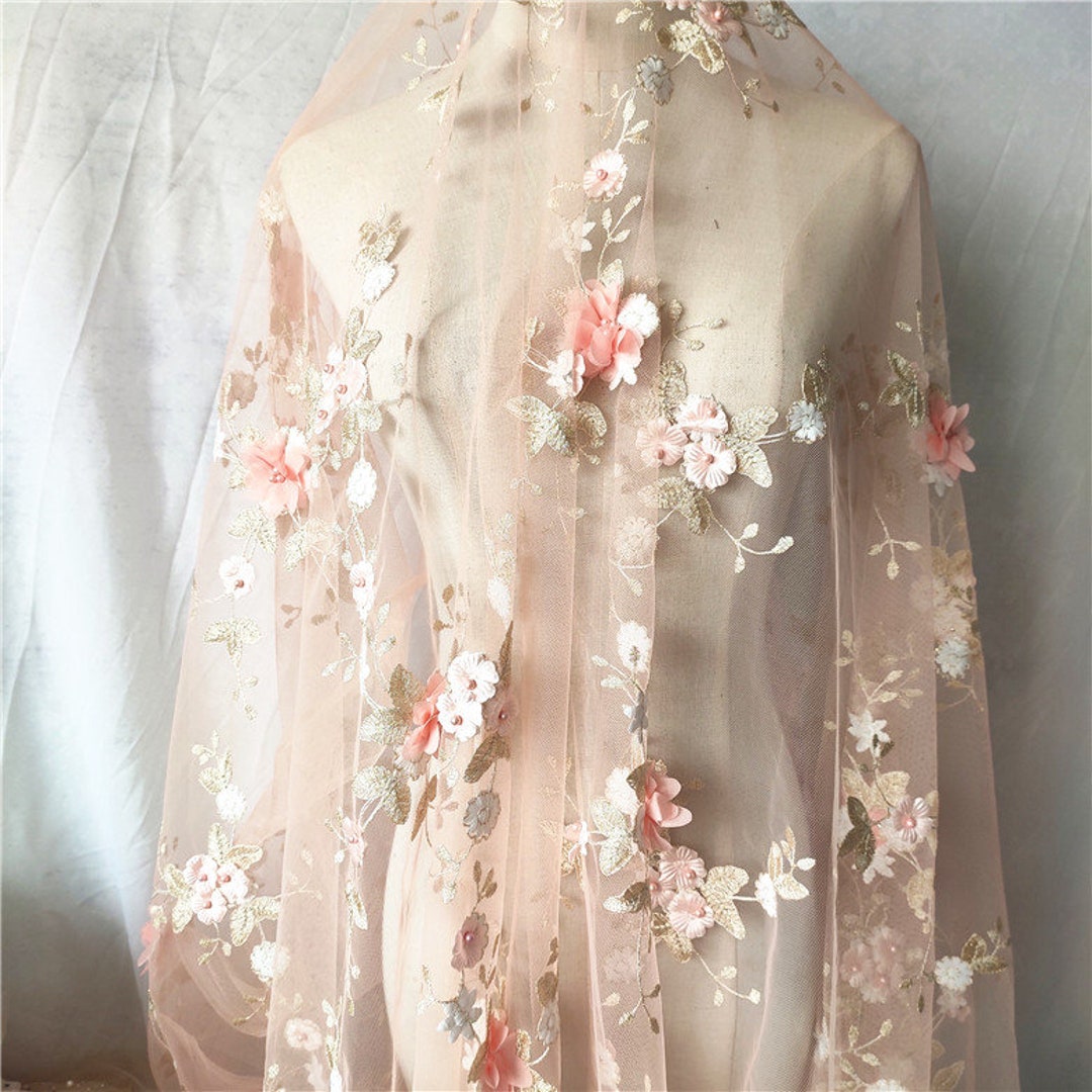 Velo de novia de tul bordado con cuentas y flores 3D rosa (130 cm de ...
