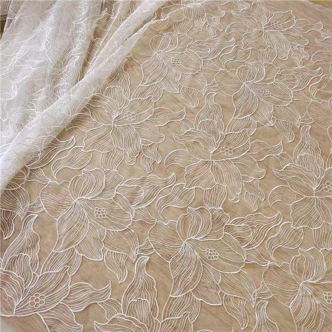 Ivory Lotus Floral Lace Fabric Embroidery Wedding Veil Bridal Lace ...
