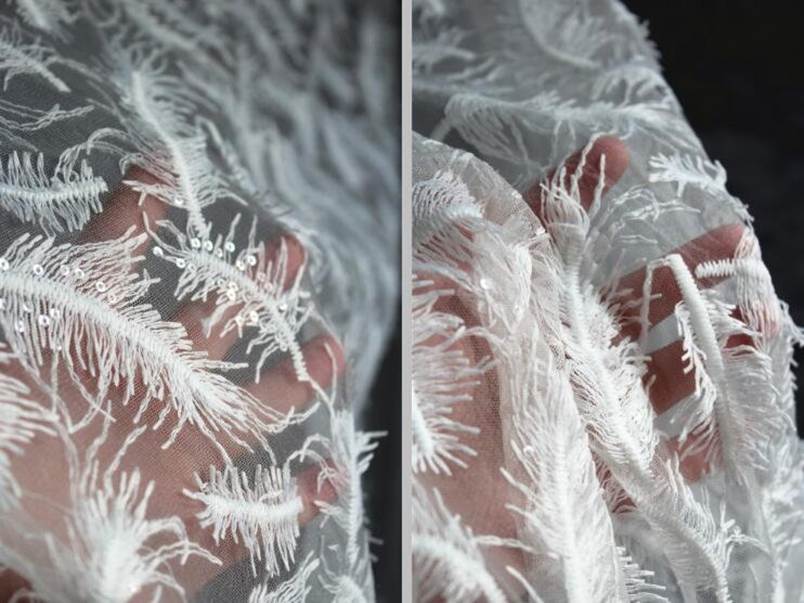 Ivory 3D Feather Lace Fabric With Sequins Embroidery Tulle | Etsy