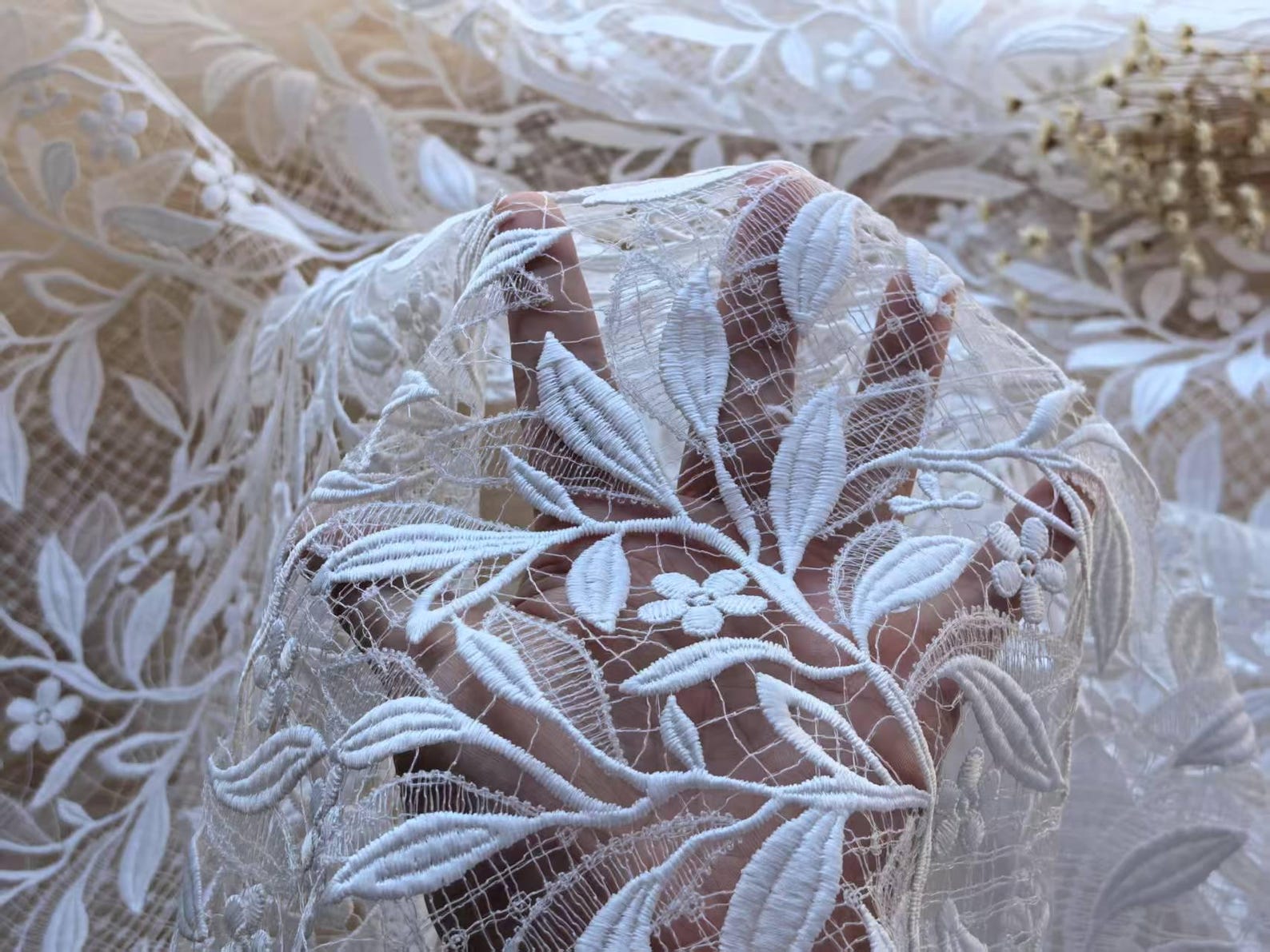 Off White Leaf Lace Fabric Applique Embroidered Hollow Out Wedding ...