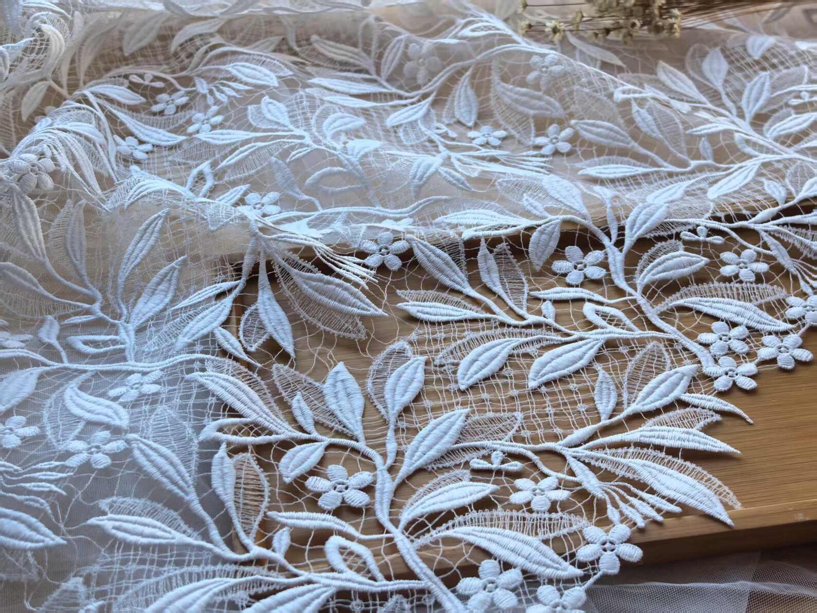 Off White Leaf Lace Fabric Applique Embroidered Hollow Out Wedding ...