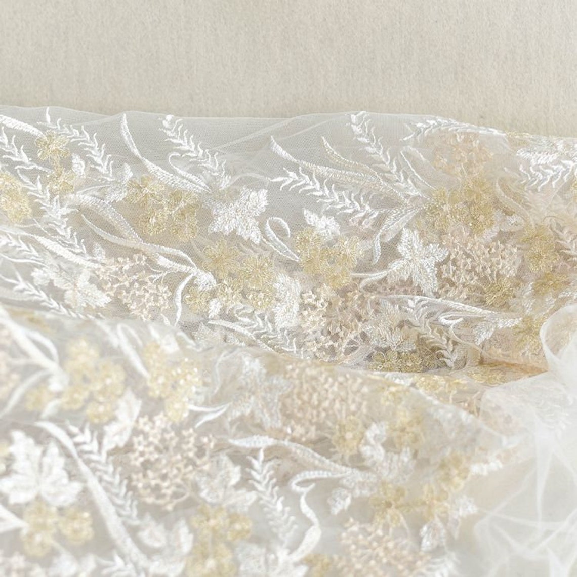 Champagne Floral Fabric With Golden Thread Embroidery Lace - Etsy