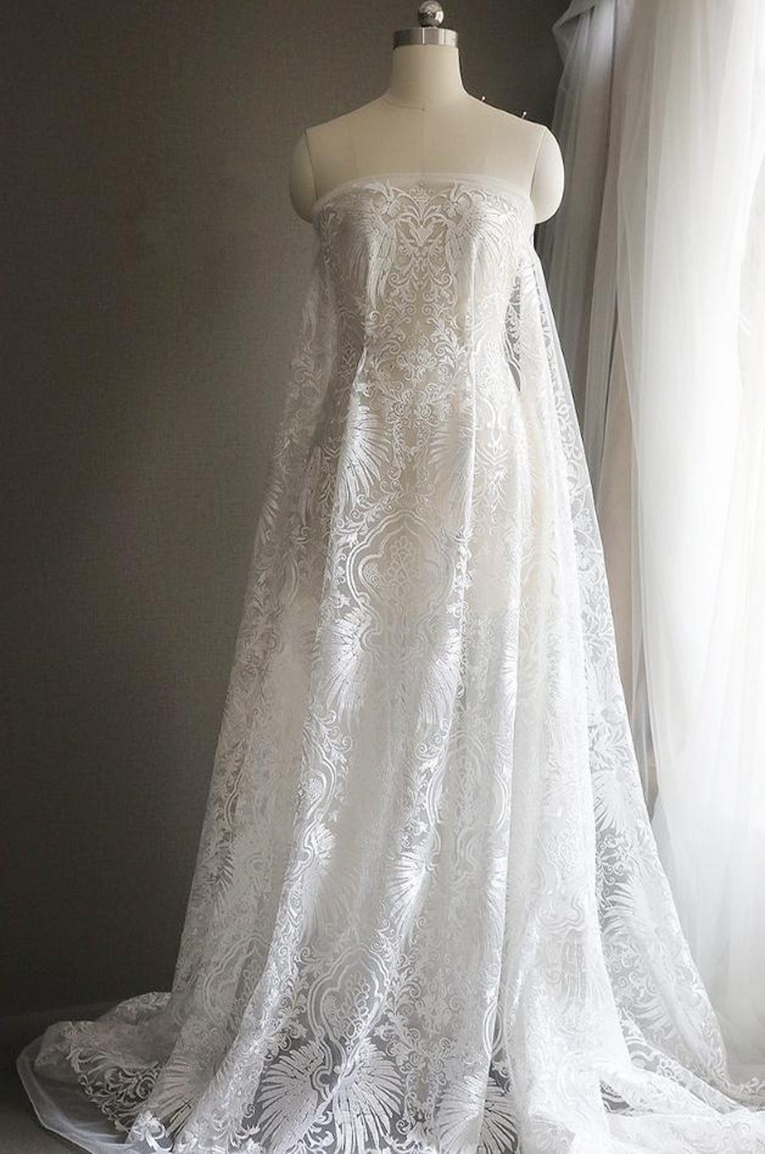 1 Meter Ivory Floral Embroidery Lace Fabric Wedding Dress Bride Veil ...