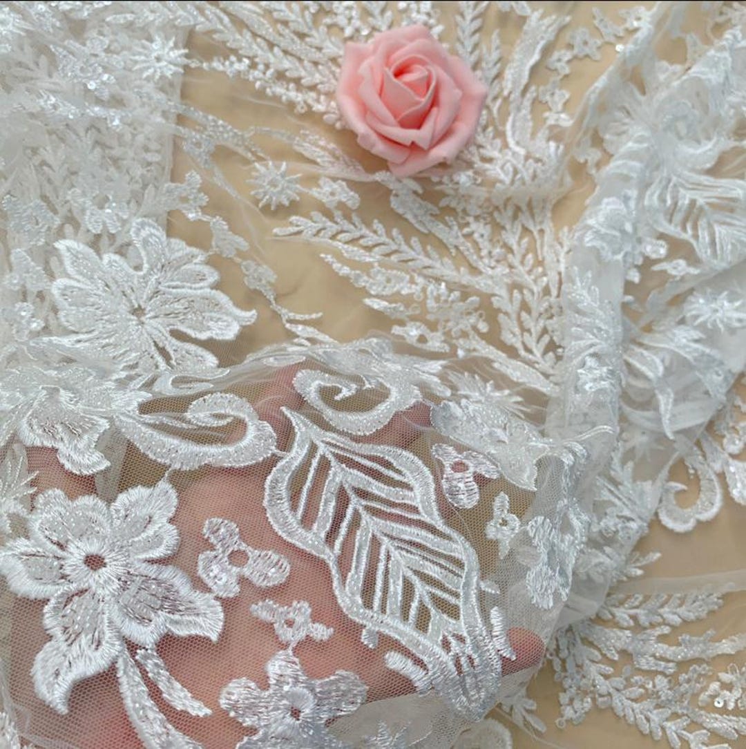 3D Beaded Floral Lace Fabric: Ivory Retro Sequins Embroidery, 53" Wide ...