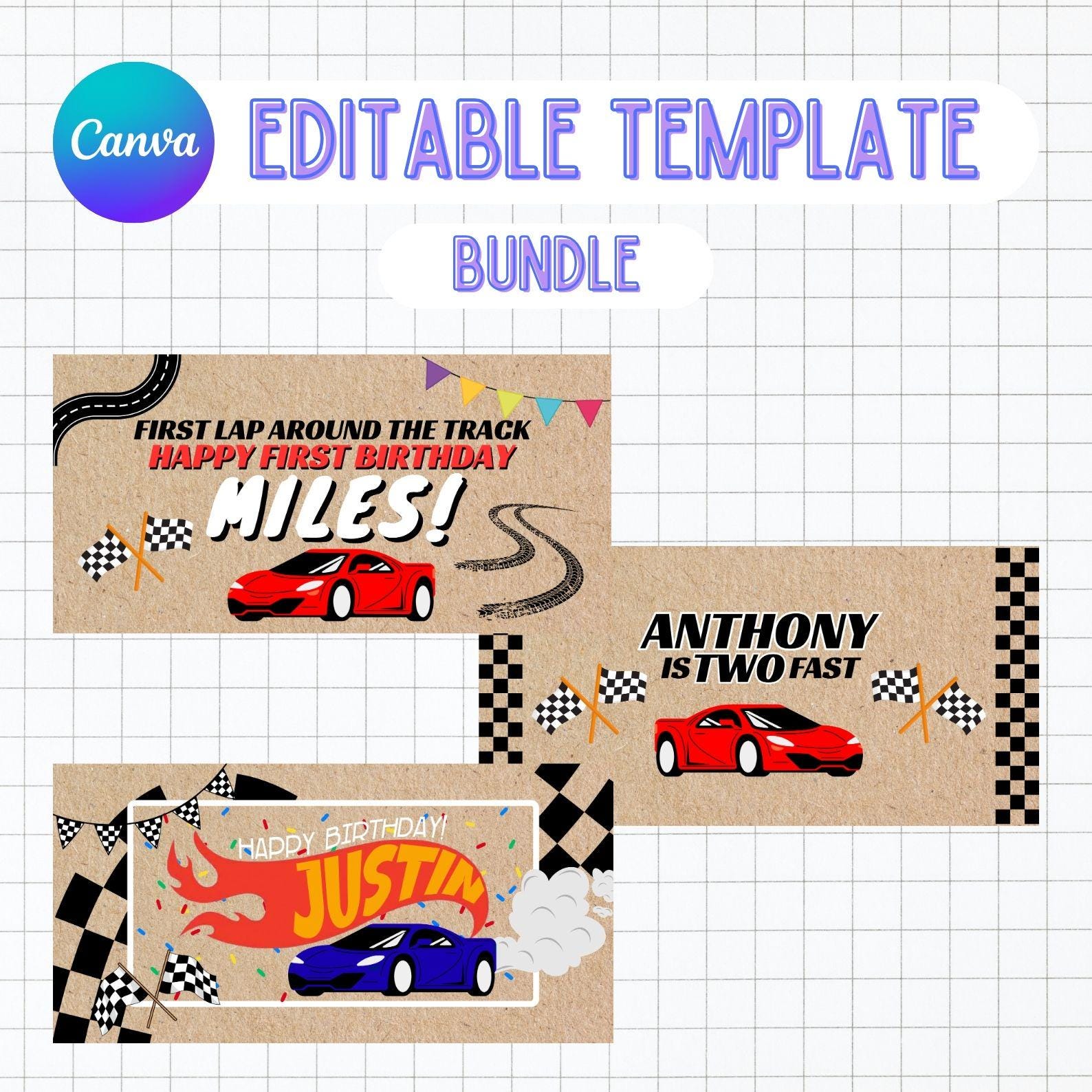 Editable Kids Car Birthday Banner Template Bundle | Custom Name, Kraft ...