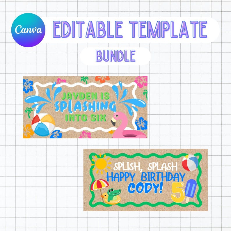 Editable Kids Pool Birthday Party Banner Template Bundle | Custom Name ...