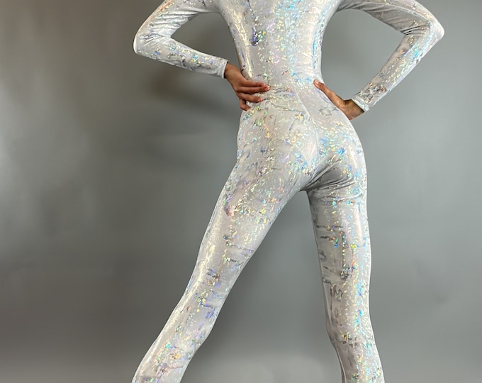 Hologram Iridescent White Silver Catsuit Spandex Jumpsuit Unitard ...