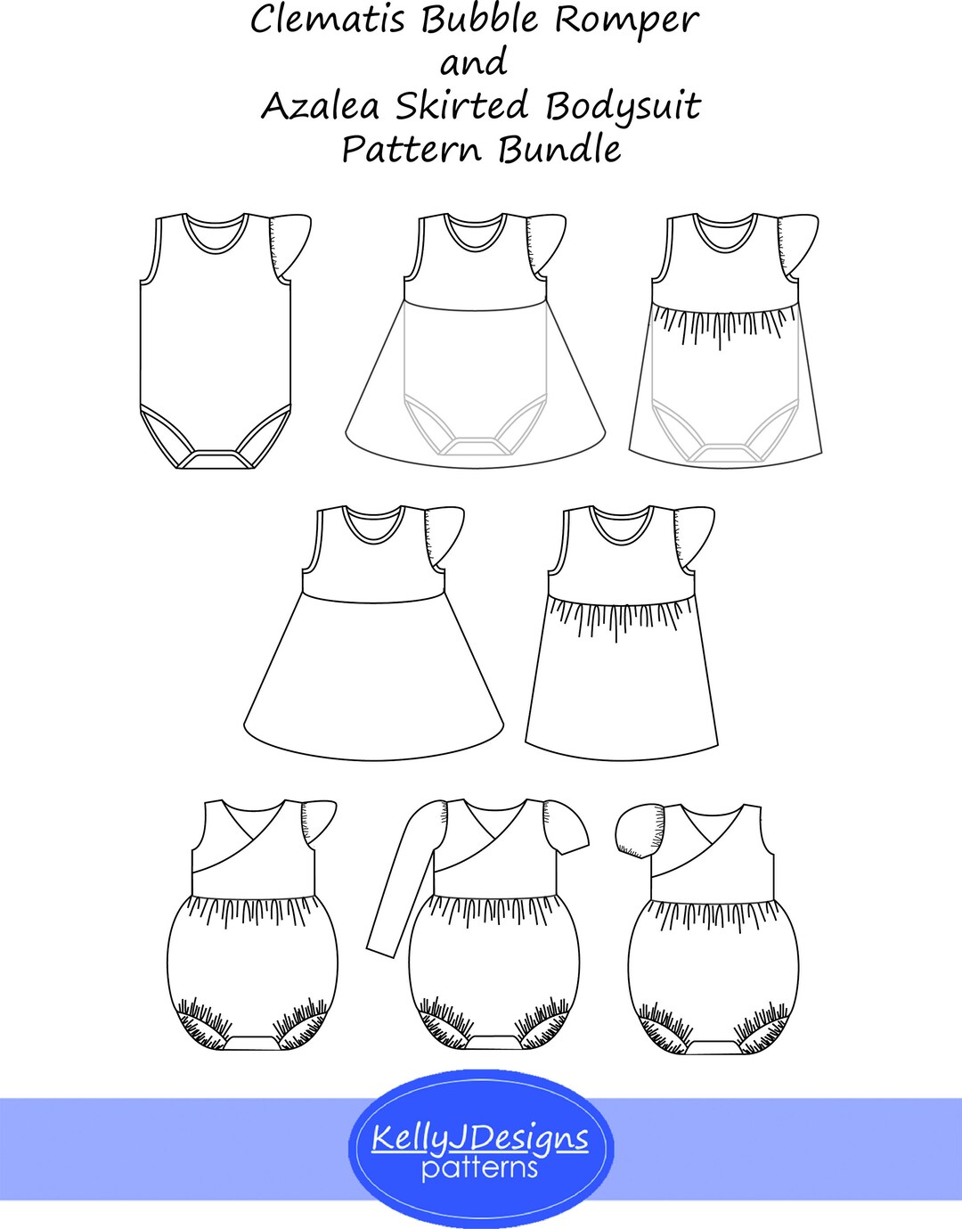 PATTERN BUNDLE Azalea Skirted Bodysuit and Clematis Bubble Romper PDF ...