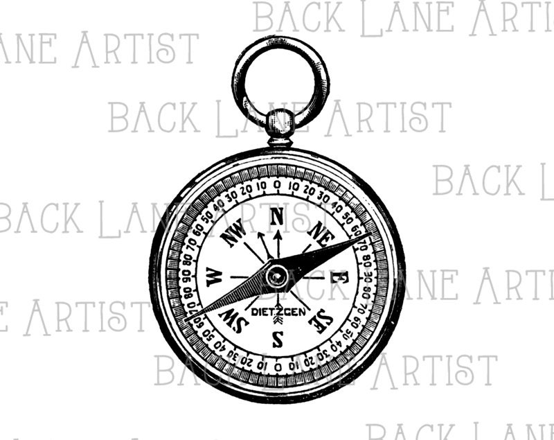 Vintage Pocket Compass Clipart Lineart Illustration Instant | Etsy