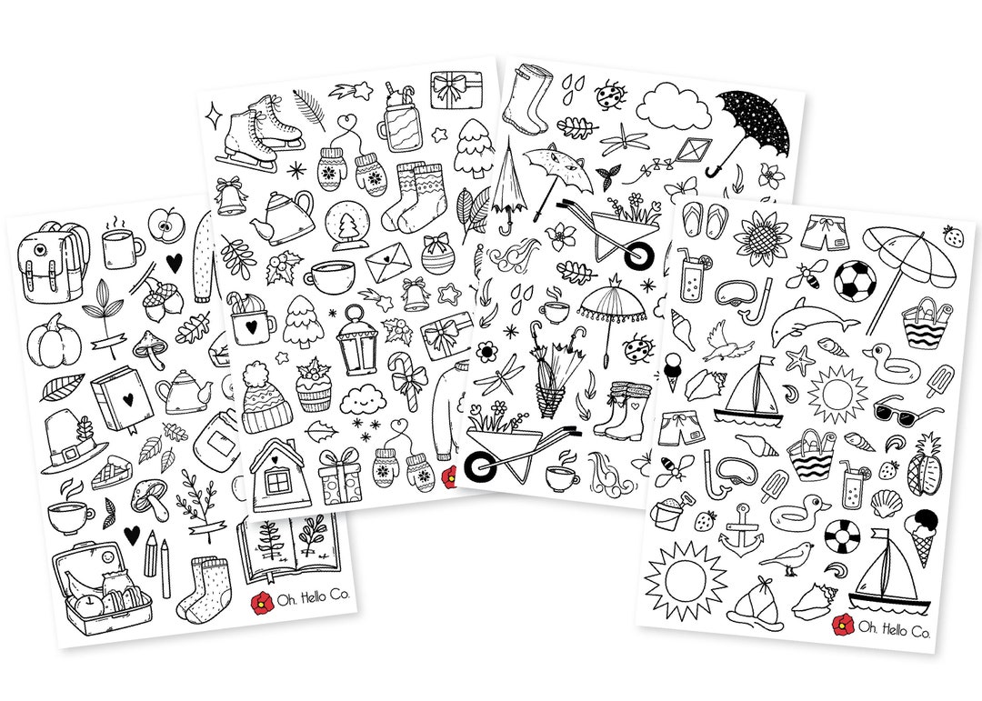 Hand Drawn Doodle Seasons Sticker Set - Bullet Journal, Planners, Erin ...