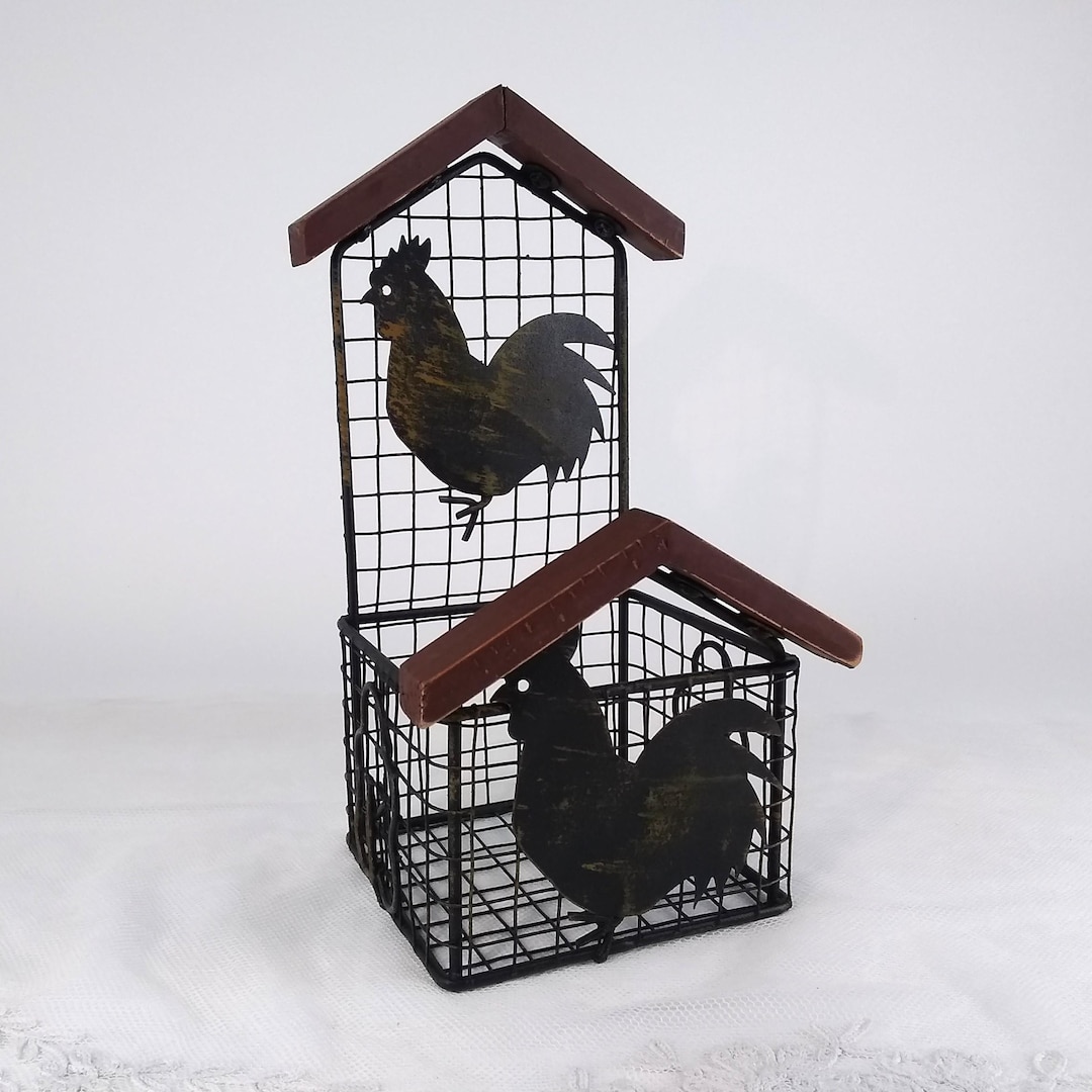 Rooster Basket - Vintage Black Metal Storage Container, Small Square ...