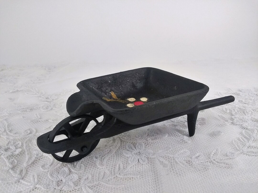Tiny Miniature Wheelbarrow, Black Hand Painted Vintage Cast Iron Wheel ...