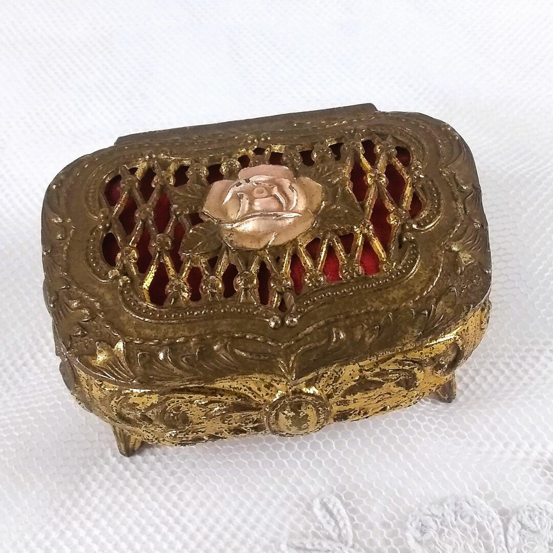 Beautiful Little Jewelry Box With a Rose on the Lid! Footed Gold Tone ...