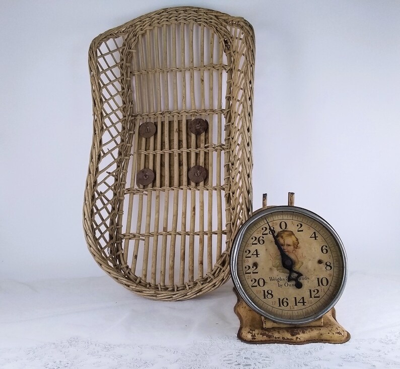 Vintage Wicker Baby Scale With the Sweetest Baby Face, Very Tattered ...