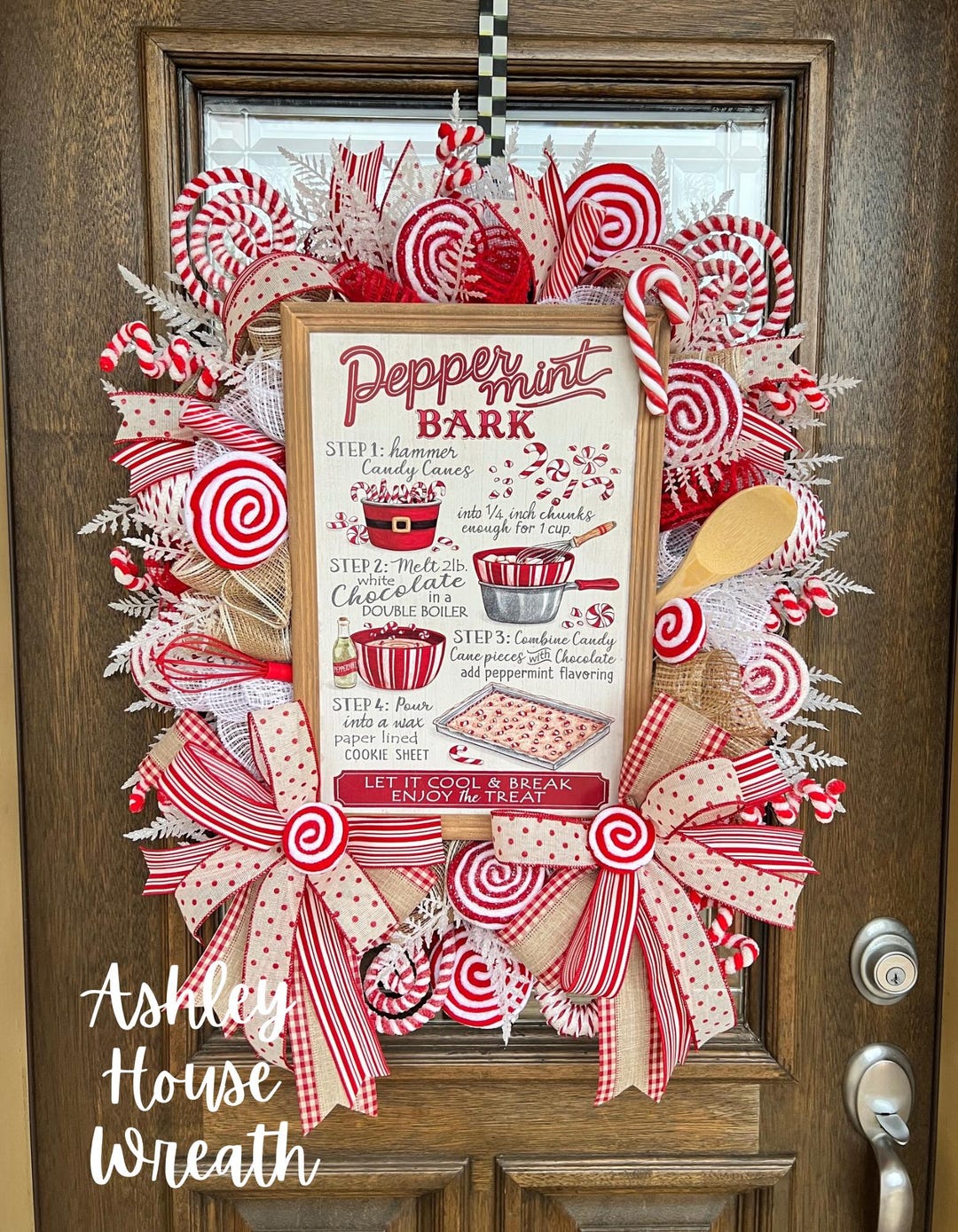 Peppermint Bark Recipe Christmas Wreath, Holiday Candy Cane Door Decor ...