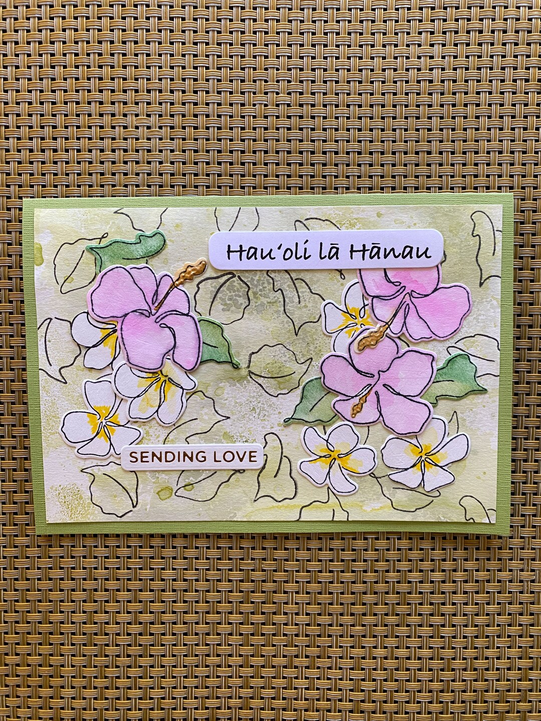 Birthday Card With Pink Hibiscus and White Plumeria Flowers Handmade in ...