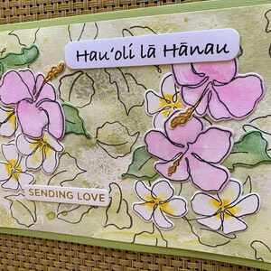 Birthday Card With Pink Hibiscus and White Plumeria Flowers Handmade in ...