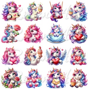 Cute Valentine Unicorns Clipart Transparent PNG Bundle, Watercolor ...