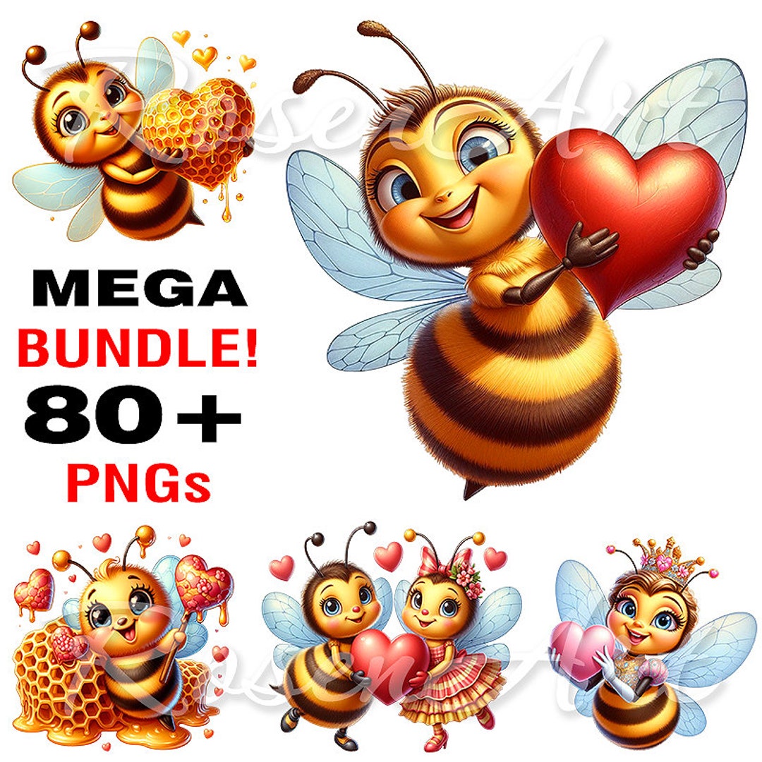 Cute Valentine Bees Clipart Transparent PNG Bundle Watercolor Printable ...
