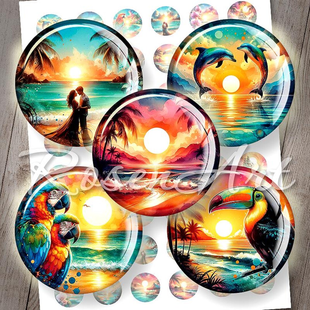 Tropical Sunset & Sunrise 20mm, 18mm 16mm, 14mm 12mm Circles Printable ...