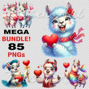 Cute Valentine Llama Clipart Transparent PNG Bundle Watercolor ...