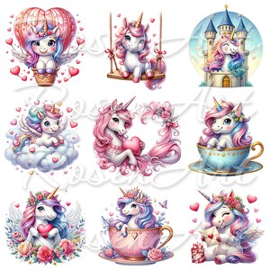 Cute Valentine Unicorns Clipart Transparent PNG Bundle, Watercolor ...
