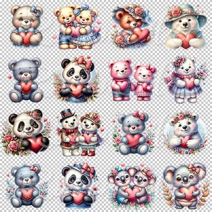 Cute Valentine Bears Clipart Transparent PNG Bundle Watercolor ...