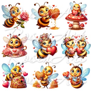 Cute Valentine Bees Clipart Transparent PNG Bundle Watercolor Printable ...