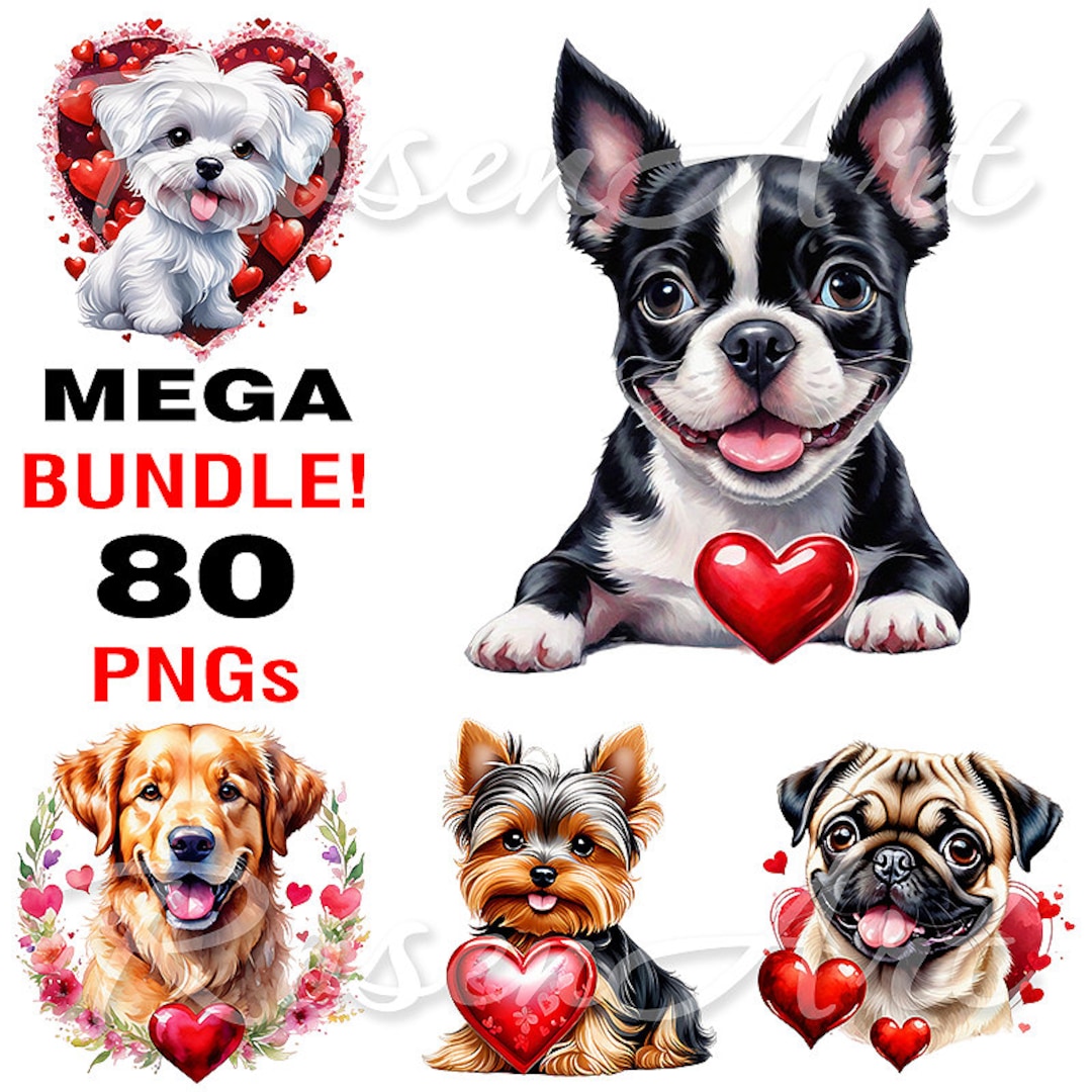 Valentine Dogs & Puppies Clipart Transparent PNG Bundle Instant Digital ...